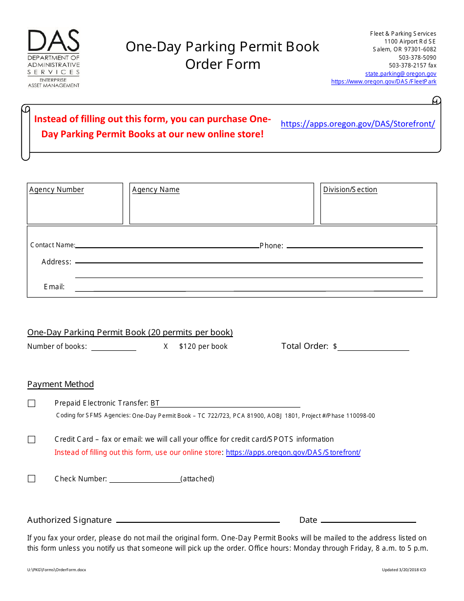 Oregon One-Day Parking Permit Book Order Form - Fill Out, Sign Online ...