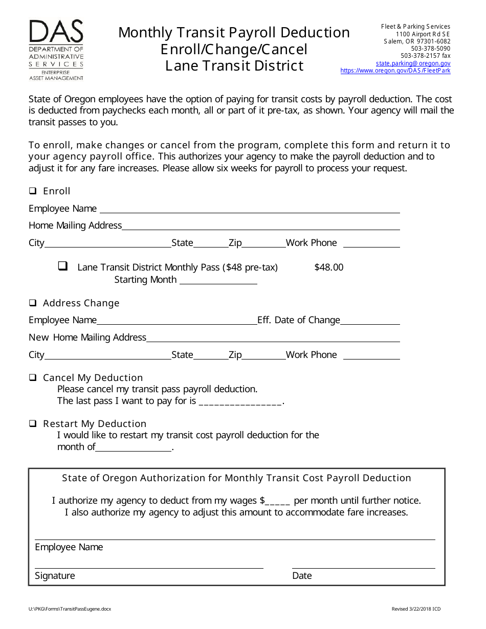 Oregon Monthly Transit Payroll Deduction Enroll/Change/Cancel - Lane ...