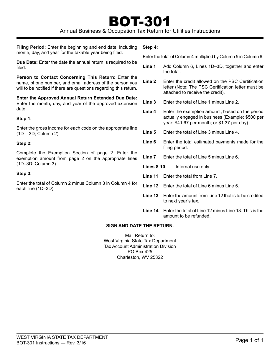 Download Instructions for Form WV/BOT-301 Annual Business & Occupation ...