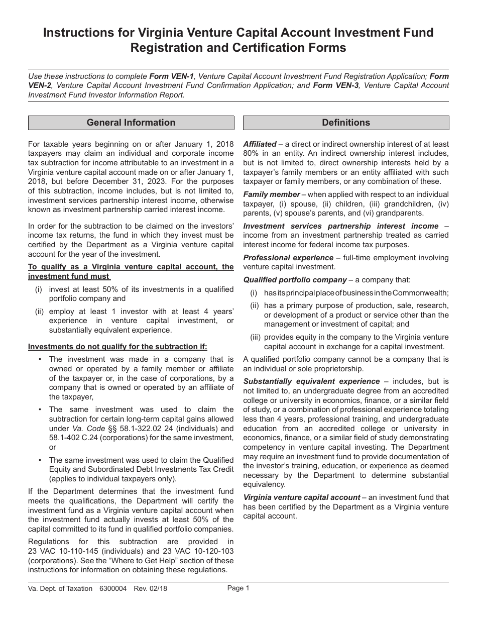 Download Instructions for Form VEN-1 Virginia Venture Capital Account ...