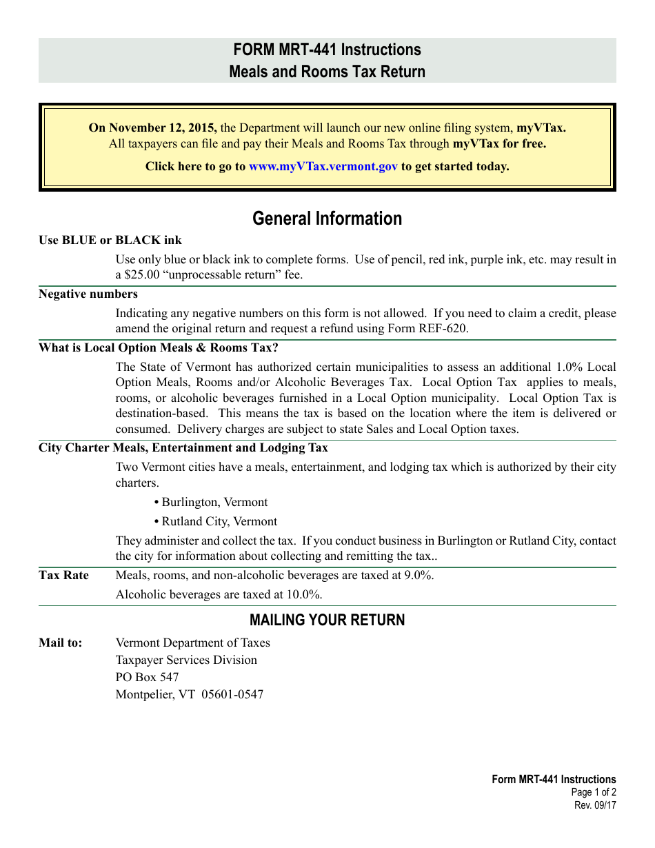 Download Instructions for VT Form MRT-441 Meals and Rooms Tax Return ...