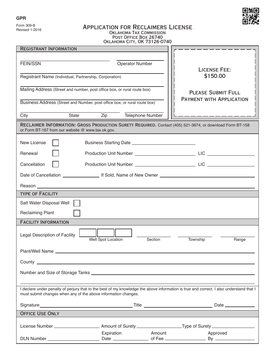 OTC Form 309-B - Fill Out, Sign Online and Download Printable PDF ...
