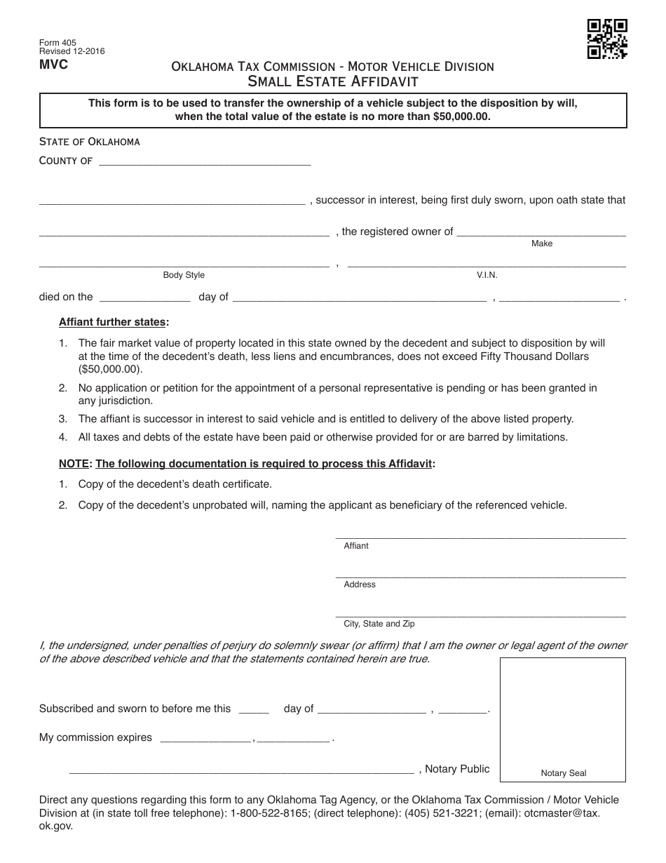 Form 405 - Fill Out, Sign Online and Download Fillable PDF, Oklahoma | Templateroller