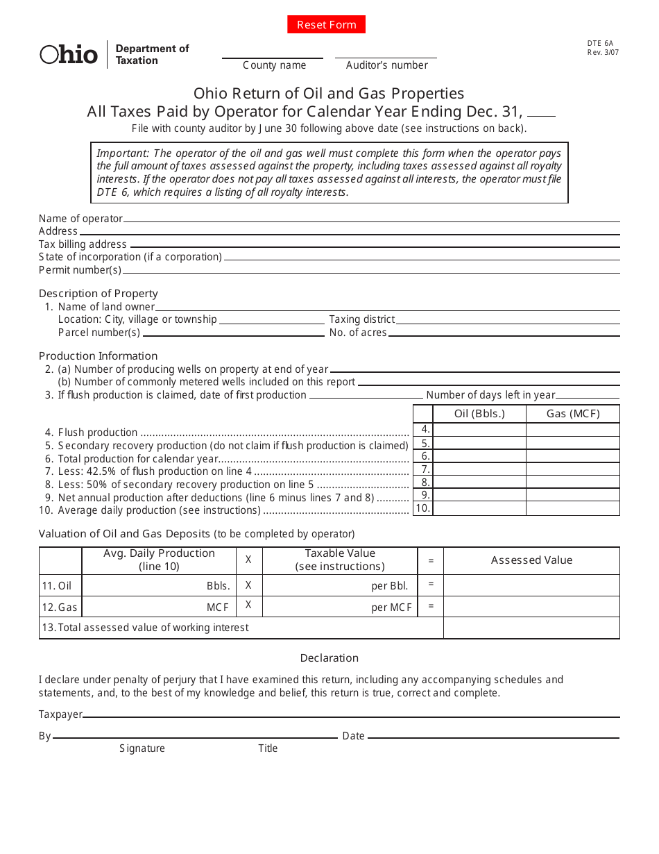 Form DTE6A - Fill Out, Sign Online and Download Fillable PDF, Ohio ...