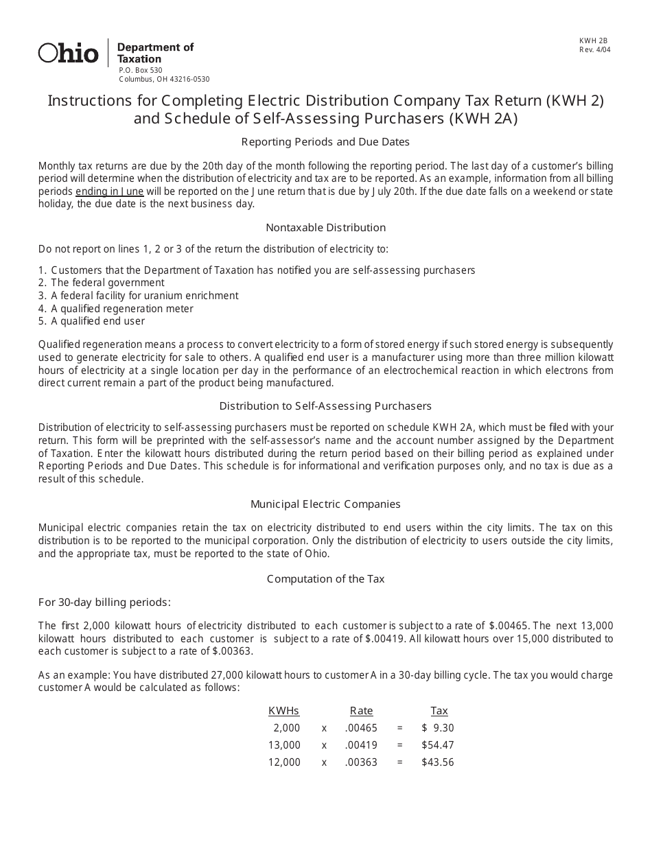 Download Instructions for Form KWH2, KWH2A PDF | Templateroller