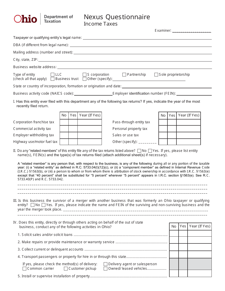 Ohio Nexus Questionnaire - Income Taxes - Fill Out, Sign Online and ...