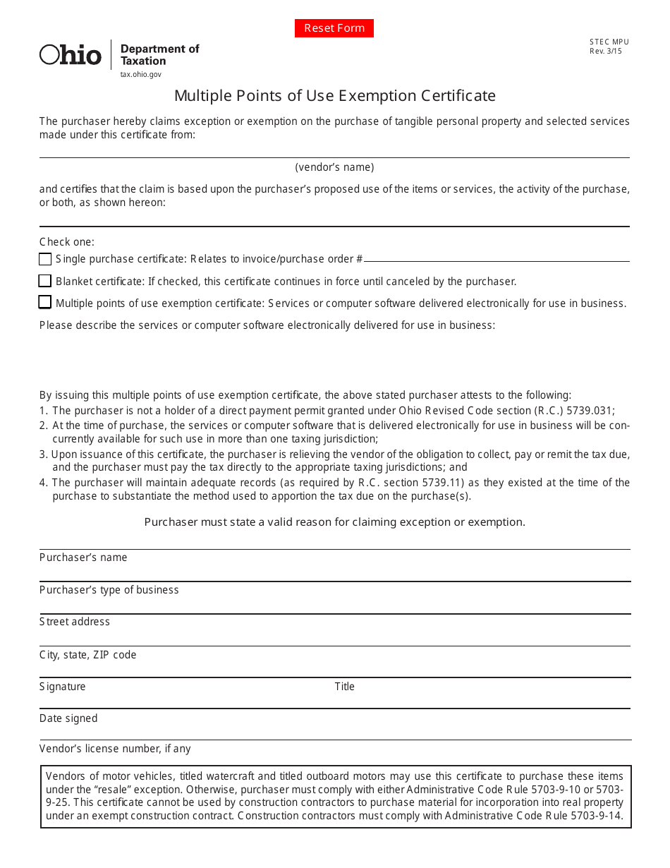 Form STEC MPU Fill Out Sign Online And Download Fillable PDF Ohio