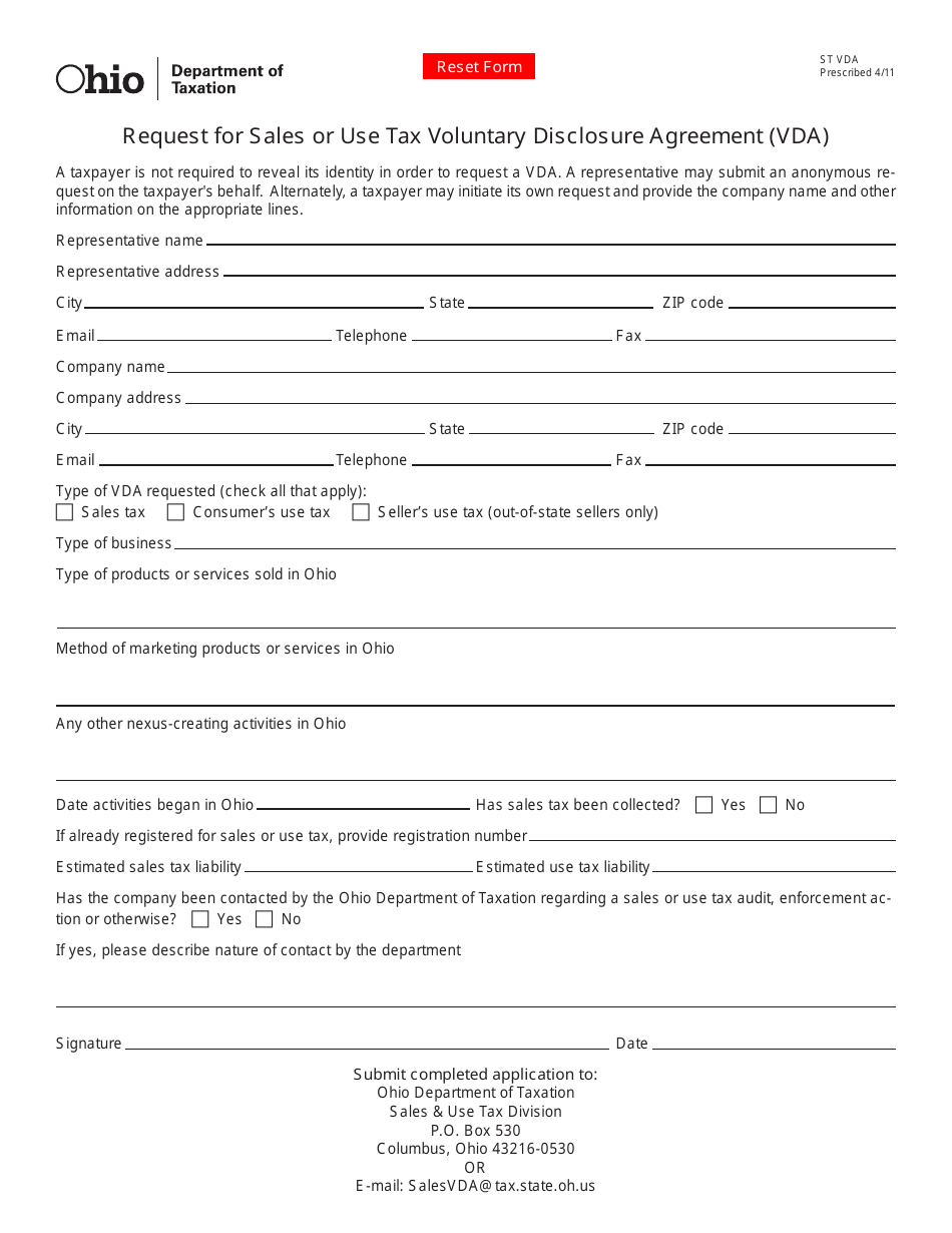 Form ST VDA - Fill Out, Sign Online and Download Fillable PDF, Ohio ...