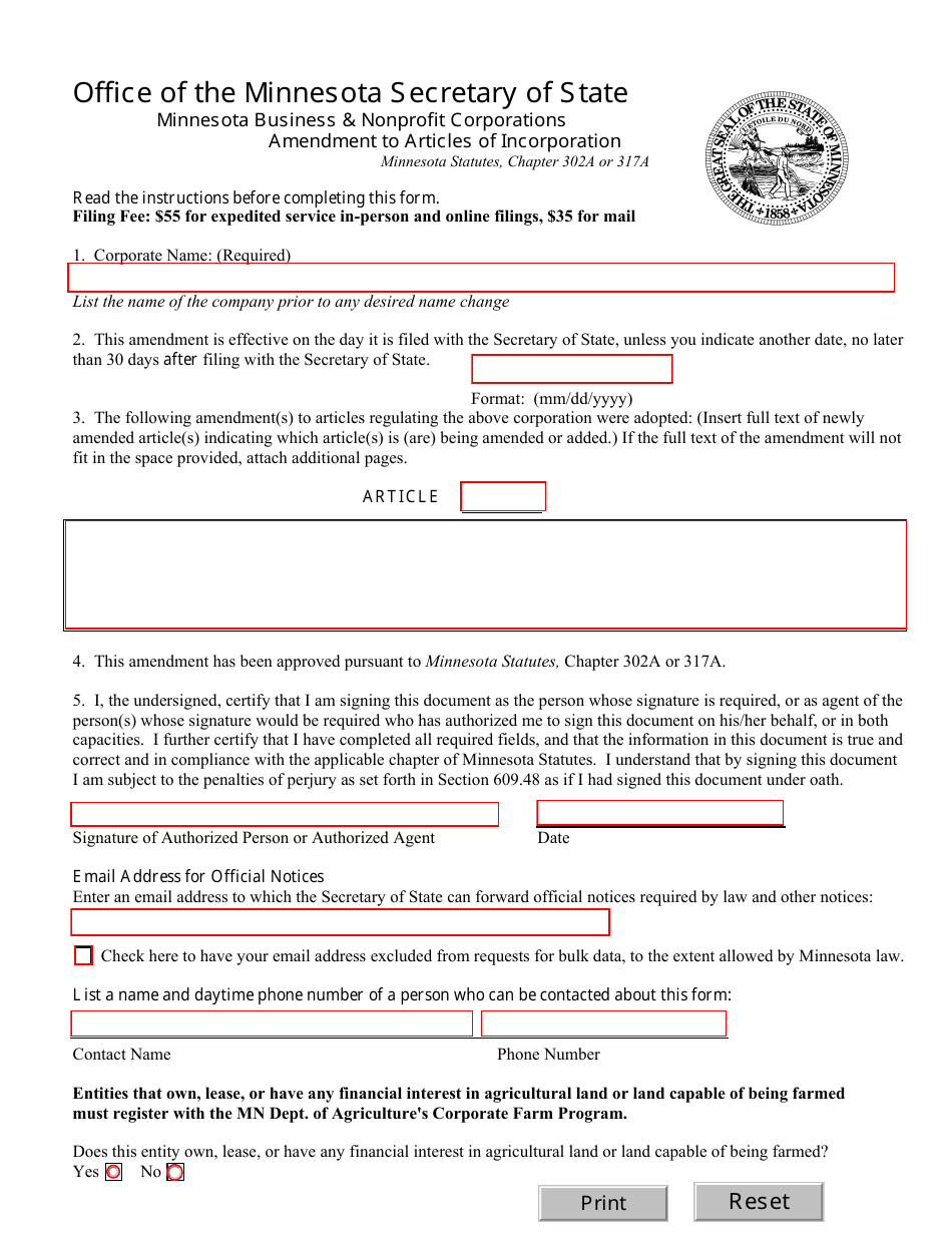 Minnesota Minnesota Business & Nonprofit Corporations -amendment to ...