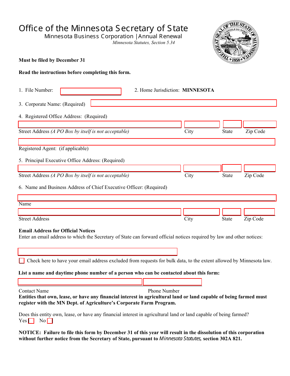 Minnesota Minnesota Business Corporation Annual Renewal Form - Fill Out ...