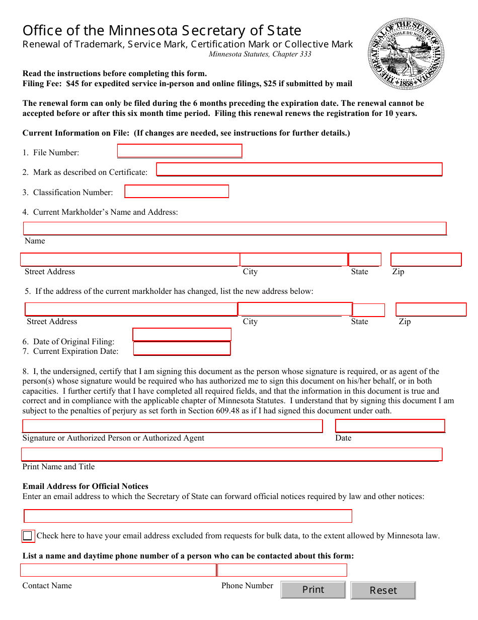 Minnesota Renewal of Trademark, Service Mark, Certification Mark or ...