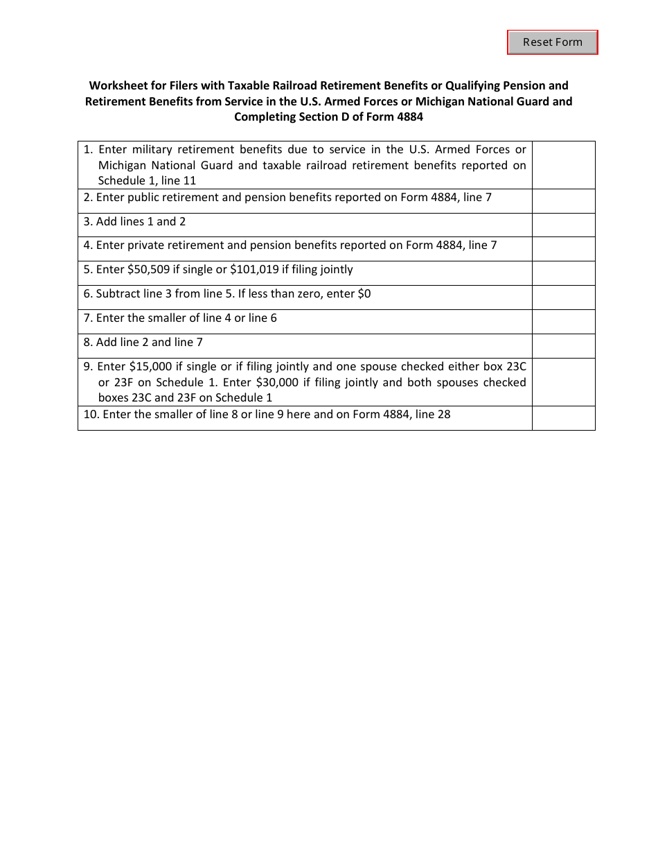 Michigan Worksheet for Filers With Taxable Railroad Retirement Benefits ...