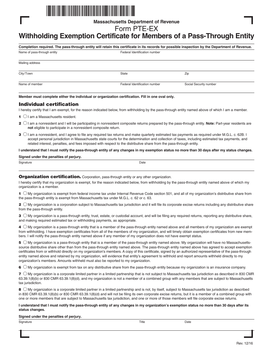 Form PTE-EX - Fill Out, Sign Online and Download Printable PDF, Massachusetts | Templateroller