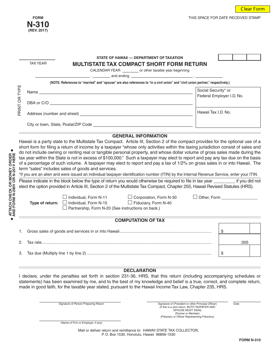Form N-310 - Fill Out, Sign Online and Download Fillable PDF, Hawaii ...