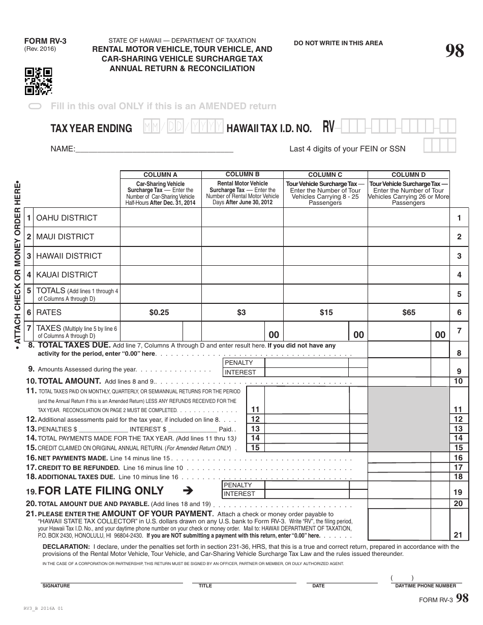 Form RV-3 - Fill Out, Sign Online and Download Printable PDF, Hawaii ...