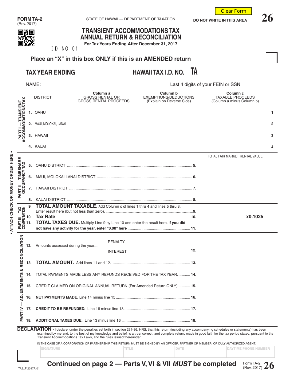 Form TA-2 - Fill Out, Sign Online and Download Fillable PDF, Hawaii ...