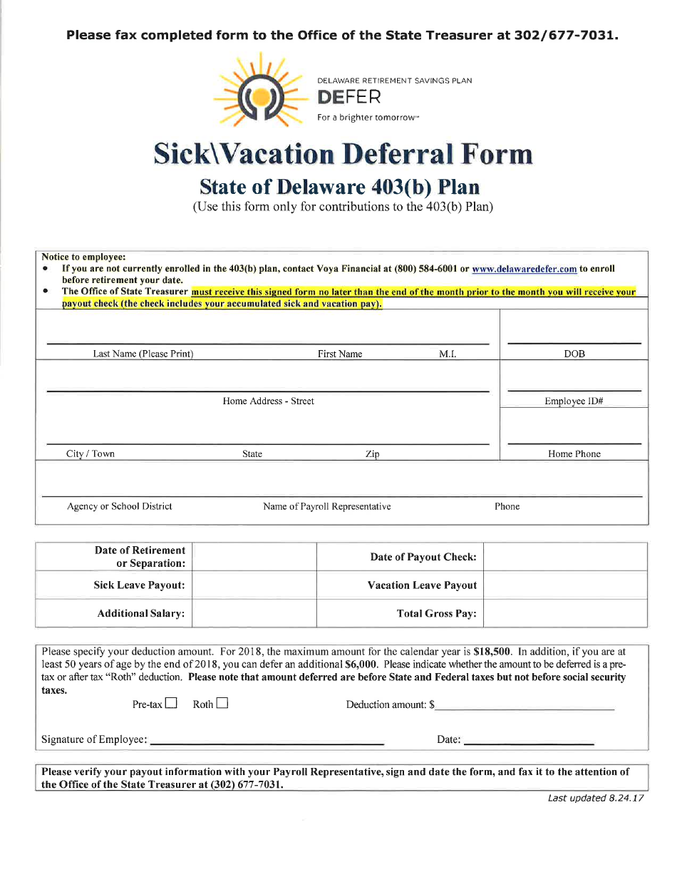 Delaware Sick vacation Deferral Form - State of Delaware 403(B) Plan - Fill Out, Sign Online and ...