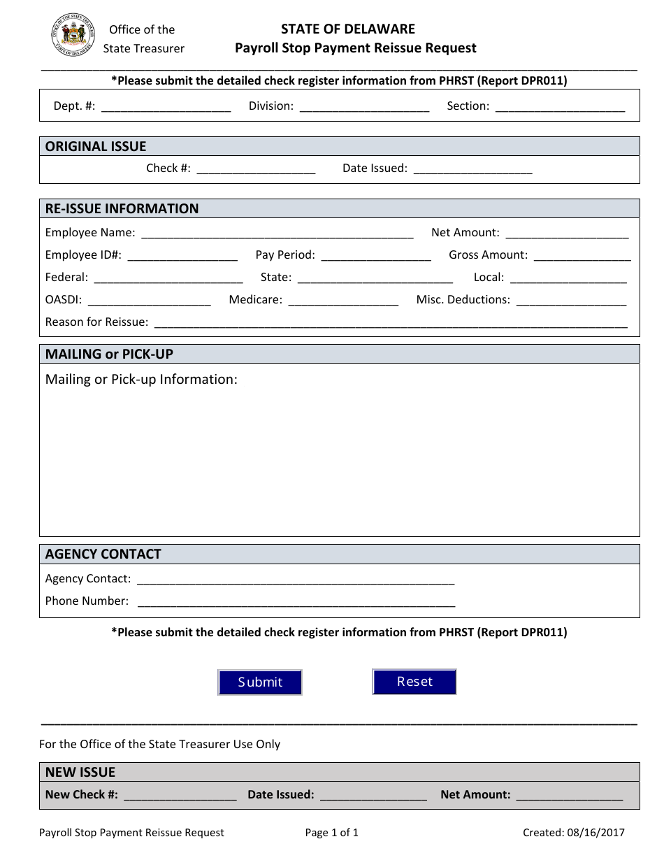 Delaware Payroll Stop Payment Reissue Request - Fill Out, Sign Online ...