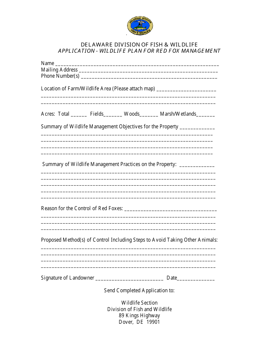 Delaware Application Form - Wildlife Plan for Red Fox Management - Fill ...