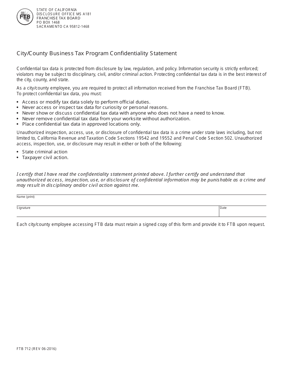 Form FTB712 - Fill Out, Sign Online and Download Printable PDF ...