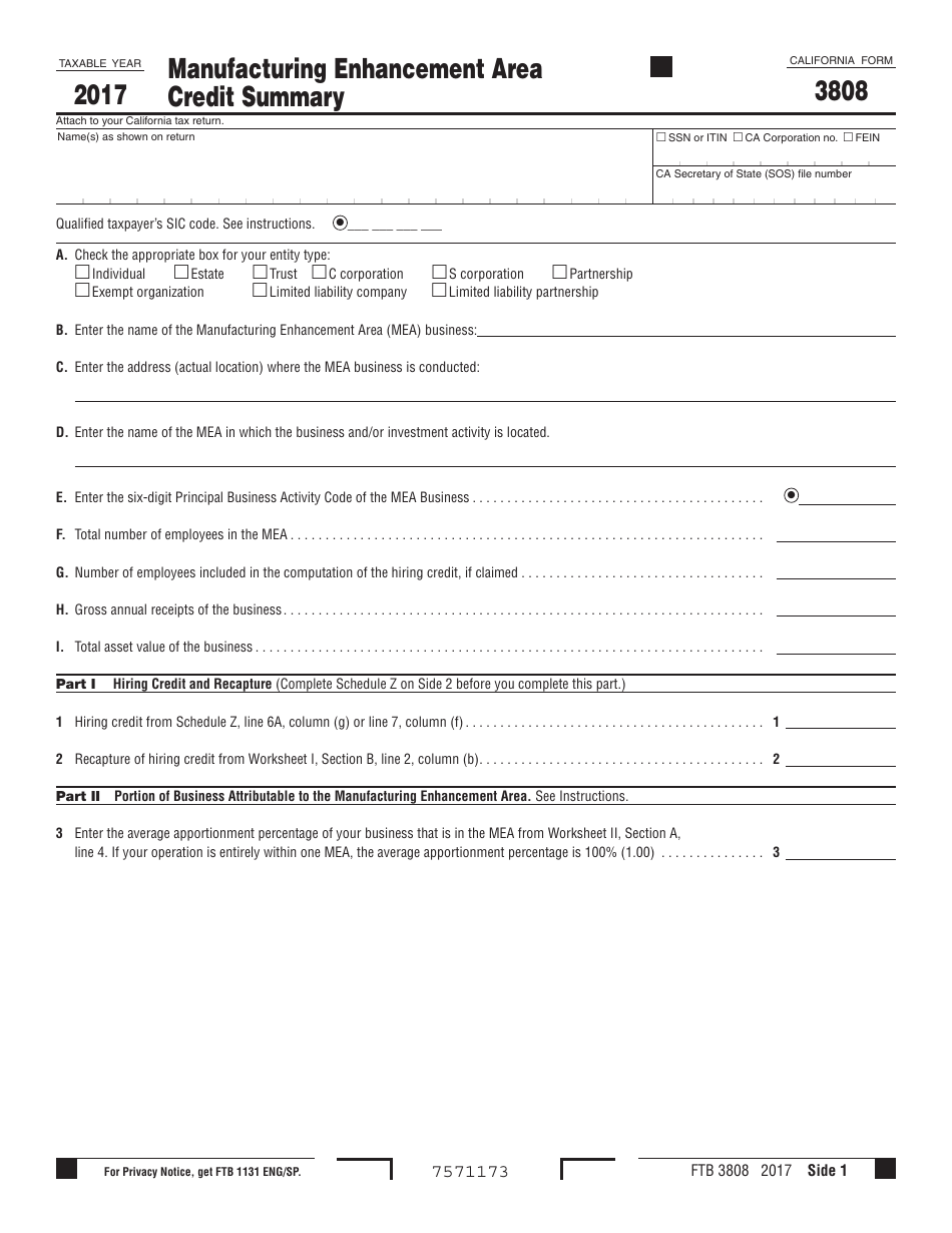 Form FTB3808 - 2017 - Fill Out, Sign Online and Download Printable PDF ...