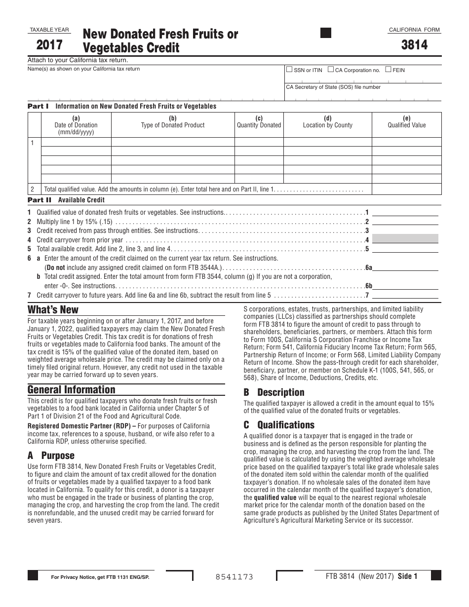 Form FTB3814 - 2017 - Fill Out, Sign Online and Download Printable PDF ...