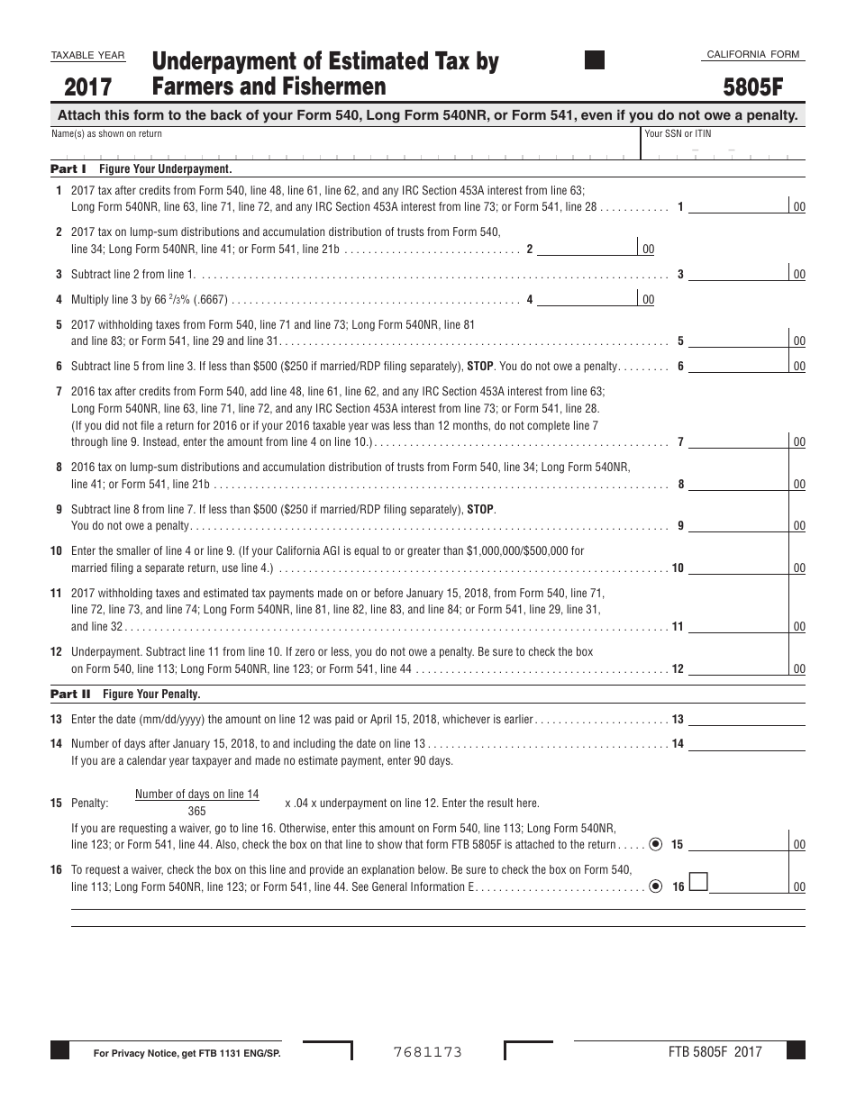 Form FTB5805F - 2017 - Fill Out, Sign Online and Download Printable PDF ...