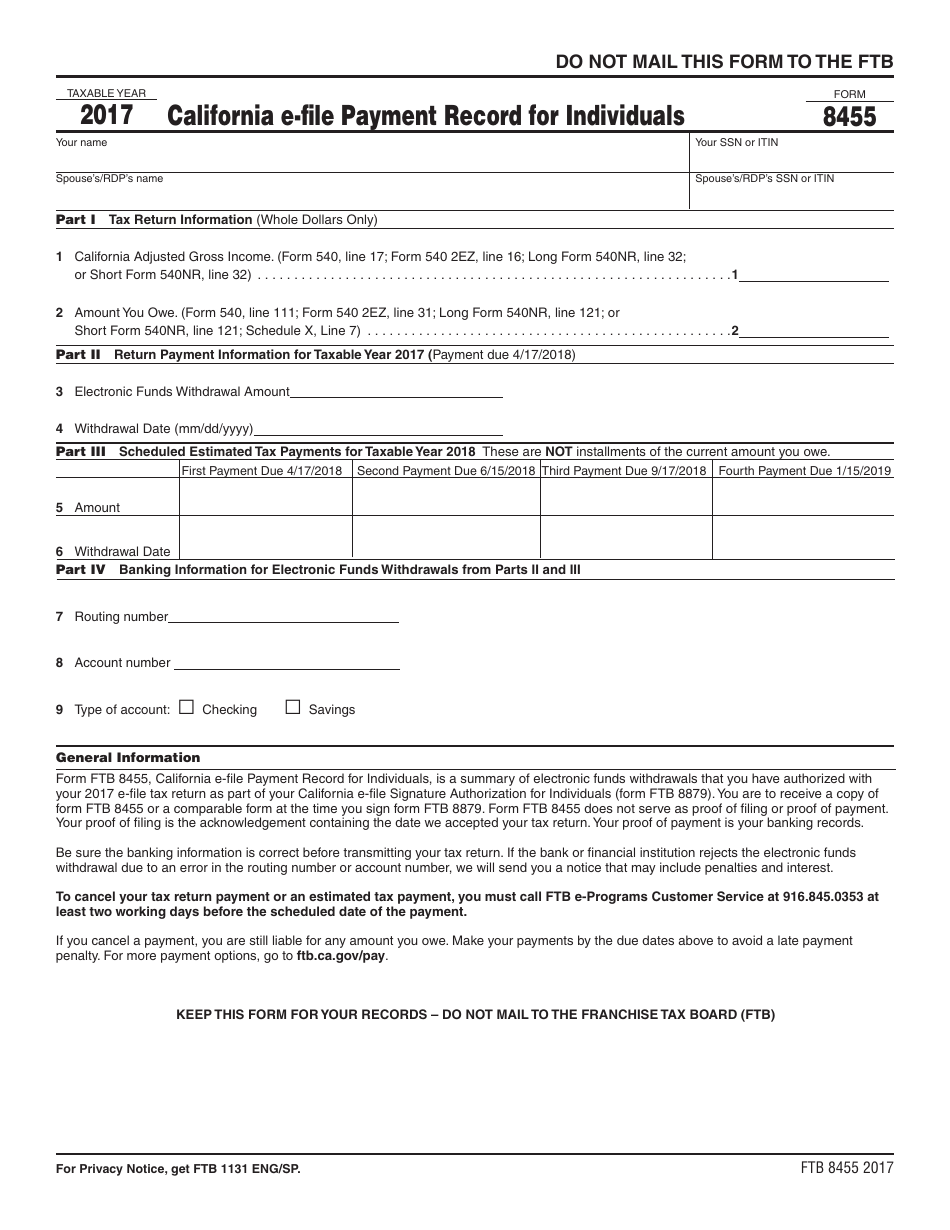 Form FTB8455 - 2017 - Fill Out, Sign Online and Download Printable PDF ...