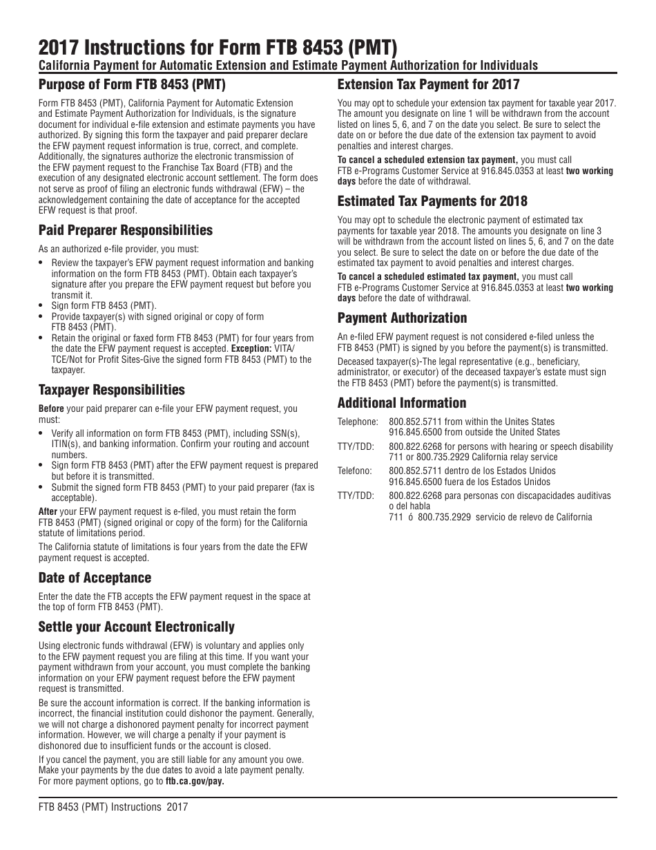 Download Instructions for Form FTB8453 (PMT) California Payment for ...