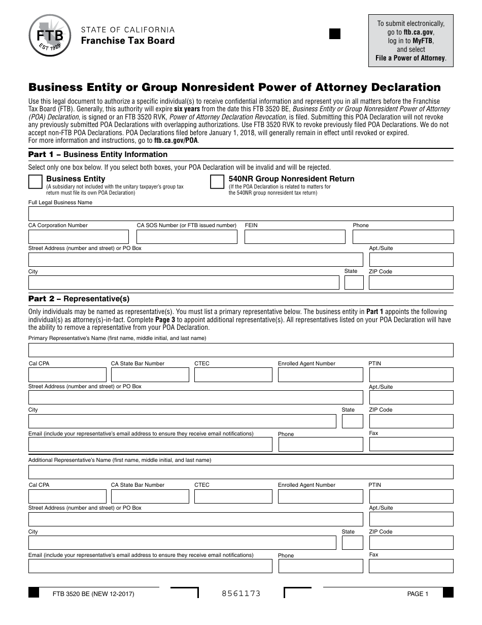 Form FTB3520 BE - Fill Out, Sign Online and Download Fillable PDF ...