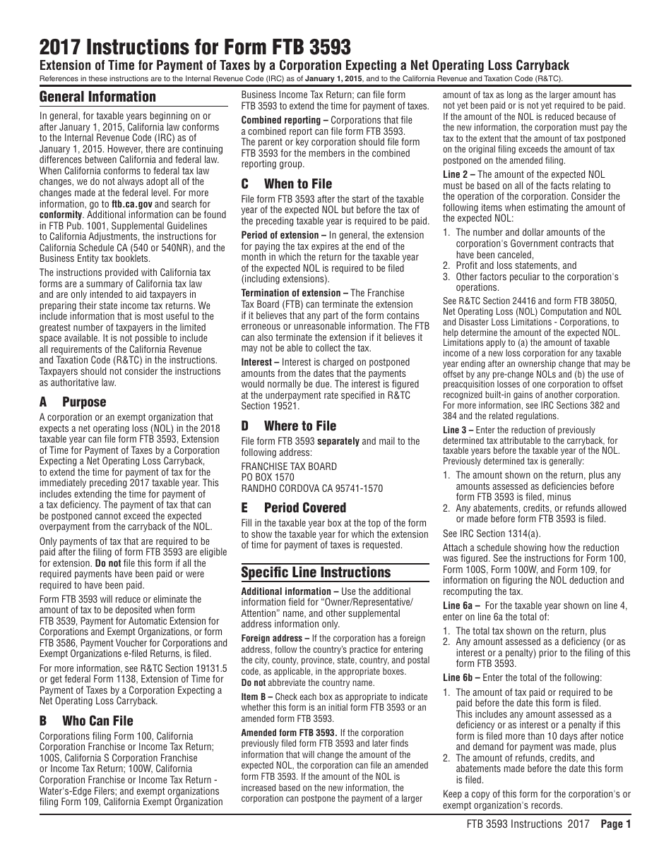 Download Instructions for Form FTB3593 Extension of Time for Payment of ...
