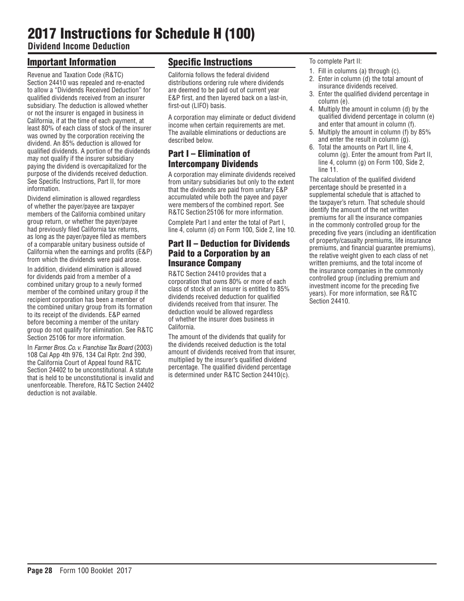 Download Instructions for Form 100 Schedule H Dividend Income Deduction ...