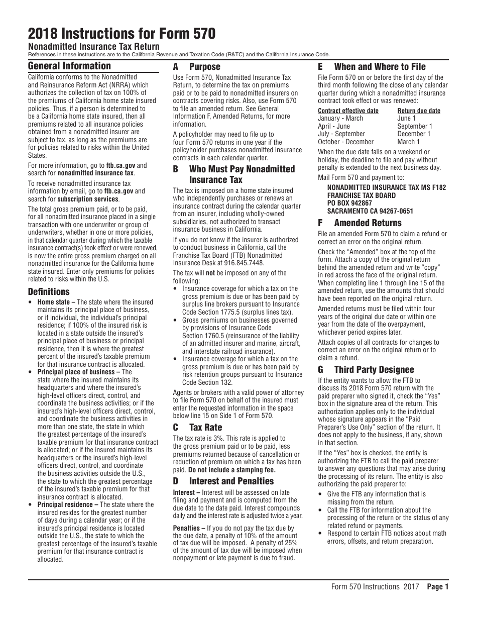 Download Instructions for Form 570 Nonadmitted Insurance Tax Return PDF ...