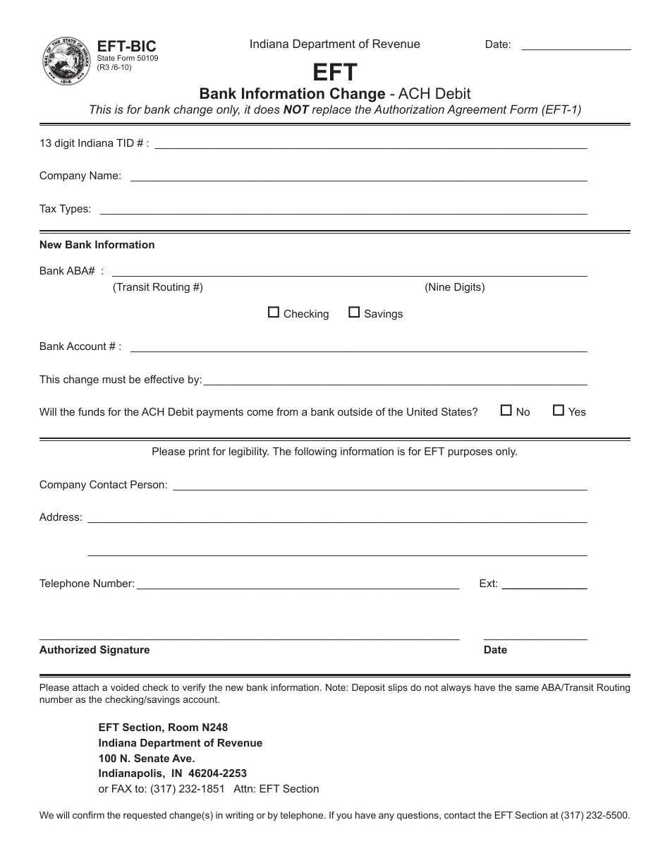 State Form 50109 (EFT-BIC) - Fill Out, Sign Online and Download ...