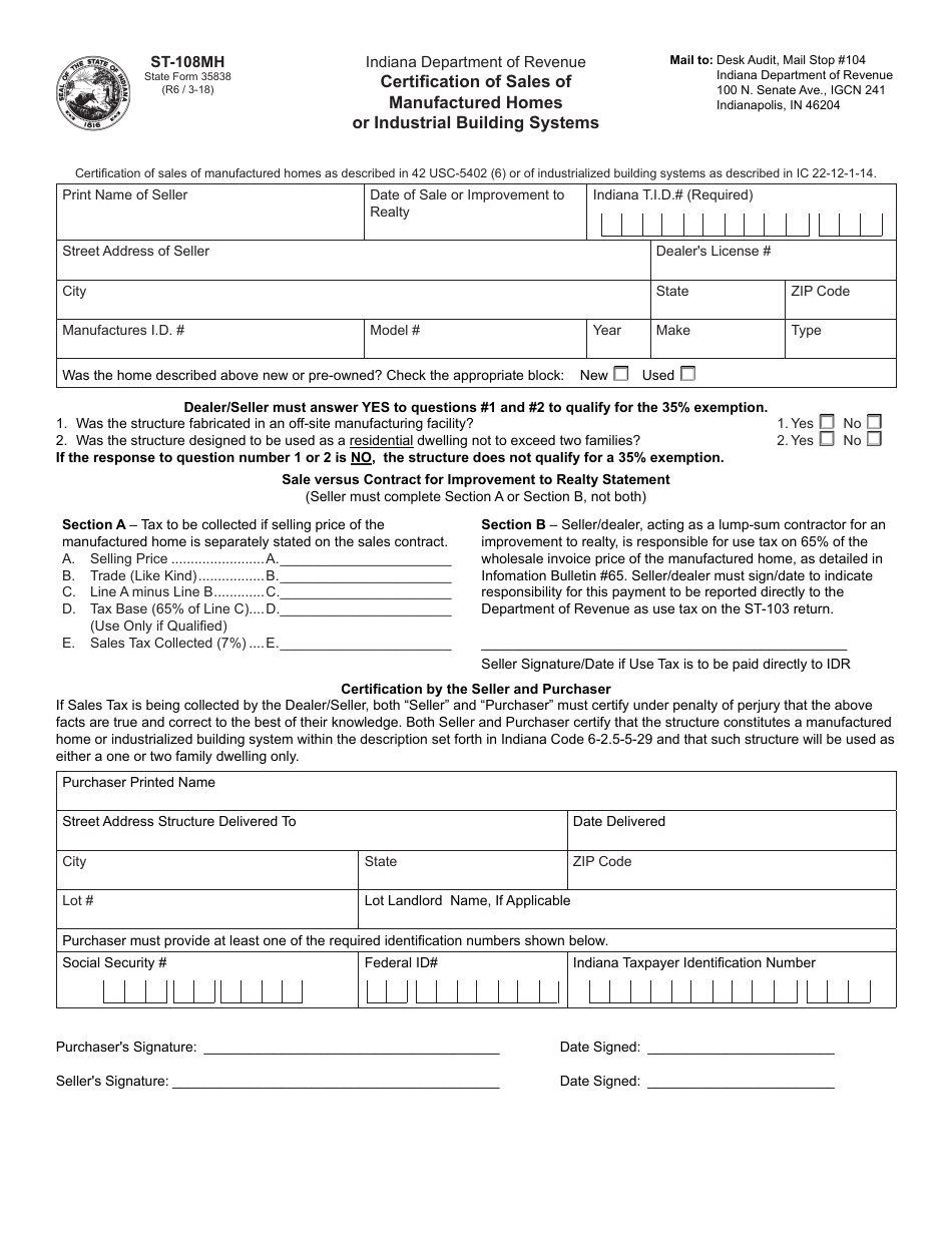 State Form 35838 (ST-108MH) - Fill Out, Sign Online and Download ...
