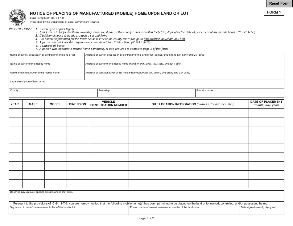 Form 1 (State Form 23341) - Fill Out, Sign Online and Download Fillable ...