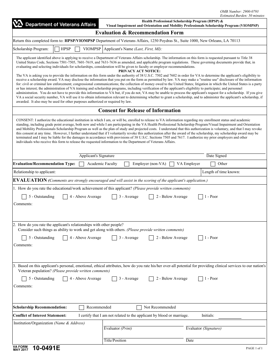 VA Form 10-0491E - Fill Out, Sign Online and Download Fillable PDF ...
