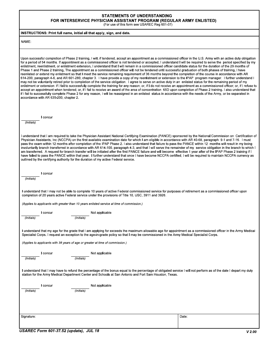 USAREC Form 601-37.52 - Fill Out, Sign Online and Download Fillable PDF ...