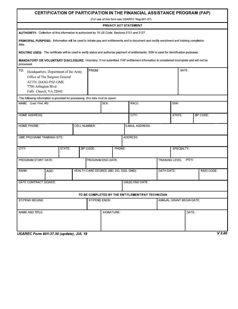 USAREC Form 601-37.30 - Fill Out, Sign Online and Download Fillable PDF ...