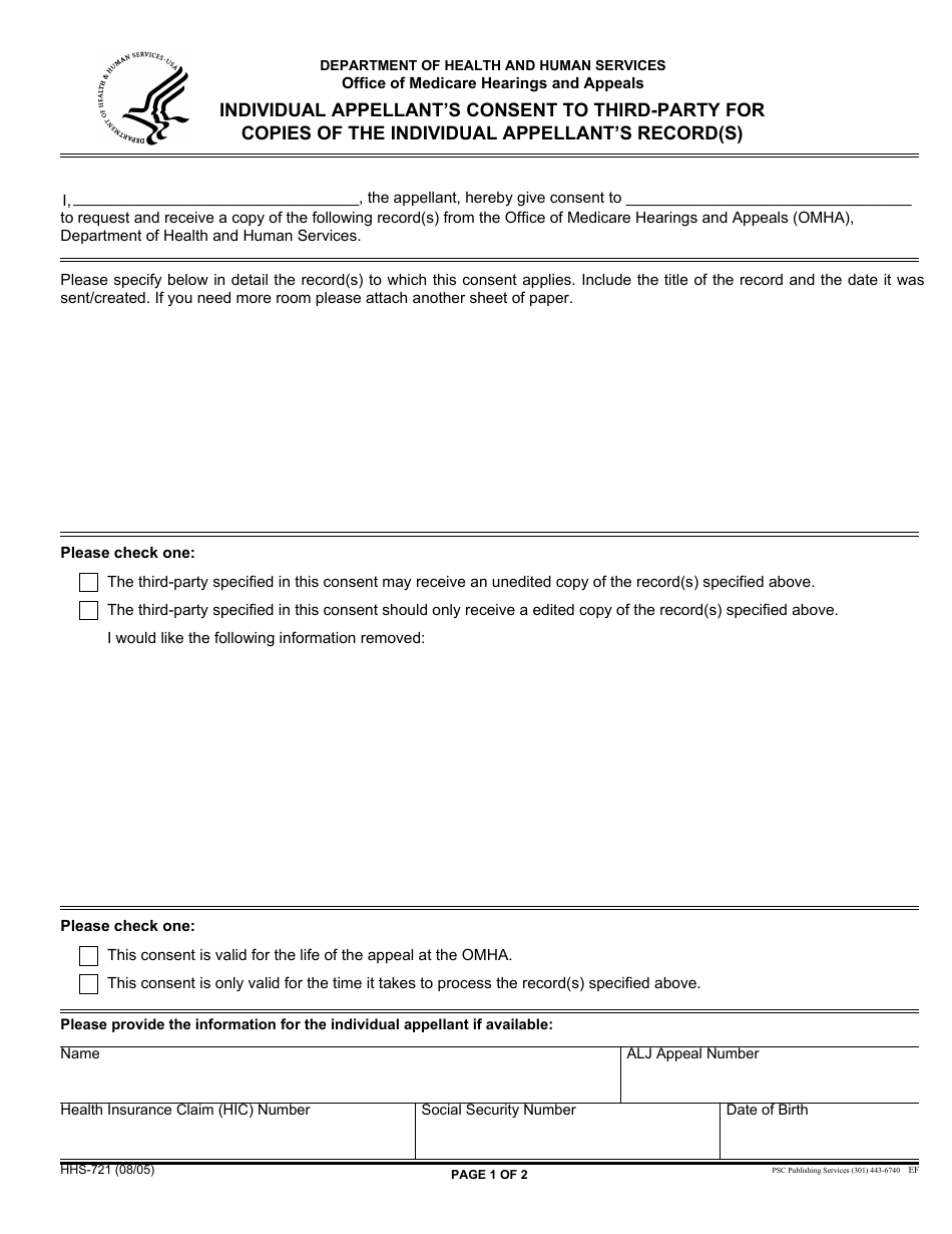 Form HHS-721 - Fill Out, Sign Online and Download Fillable PDF ...