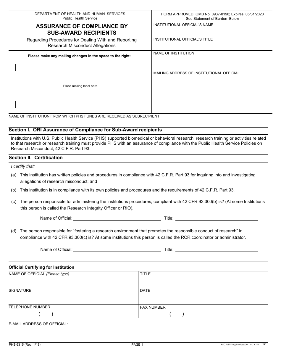 Form PHS-6315 - Fill Out, Sign Online and Download Fillable PDF ...