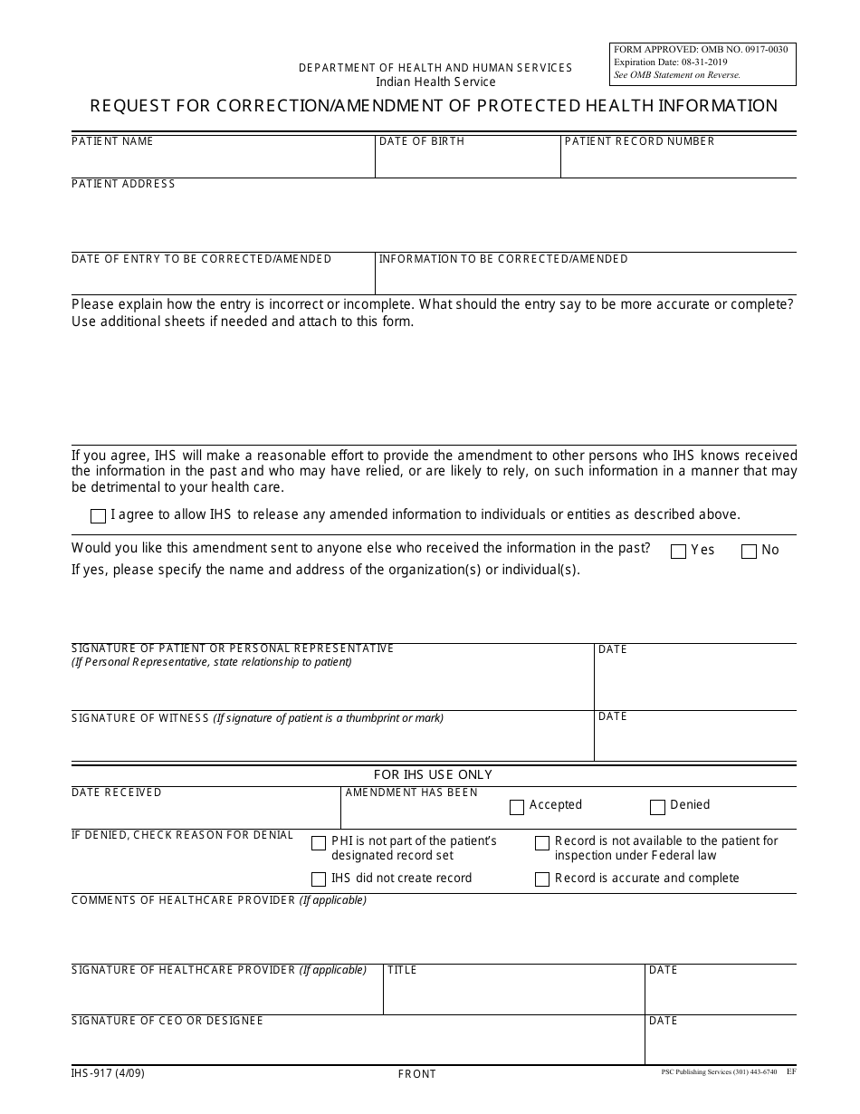 Form IHS-917 - Fill Out, Sign Online and Download Fillable PDF ...
