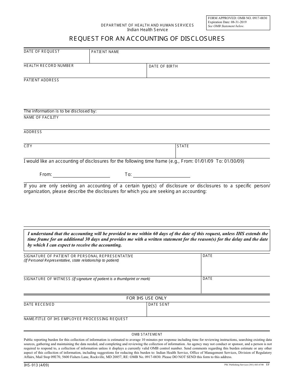 Form IHS-913 - Fill Out, Sign Online and Download Fillable PDF ...