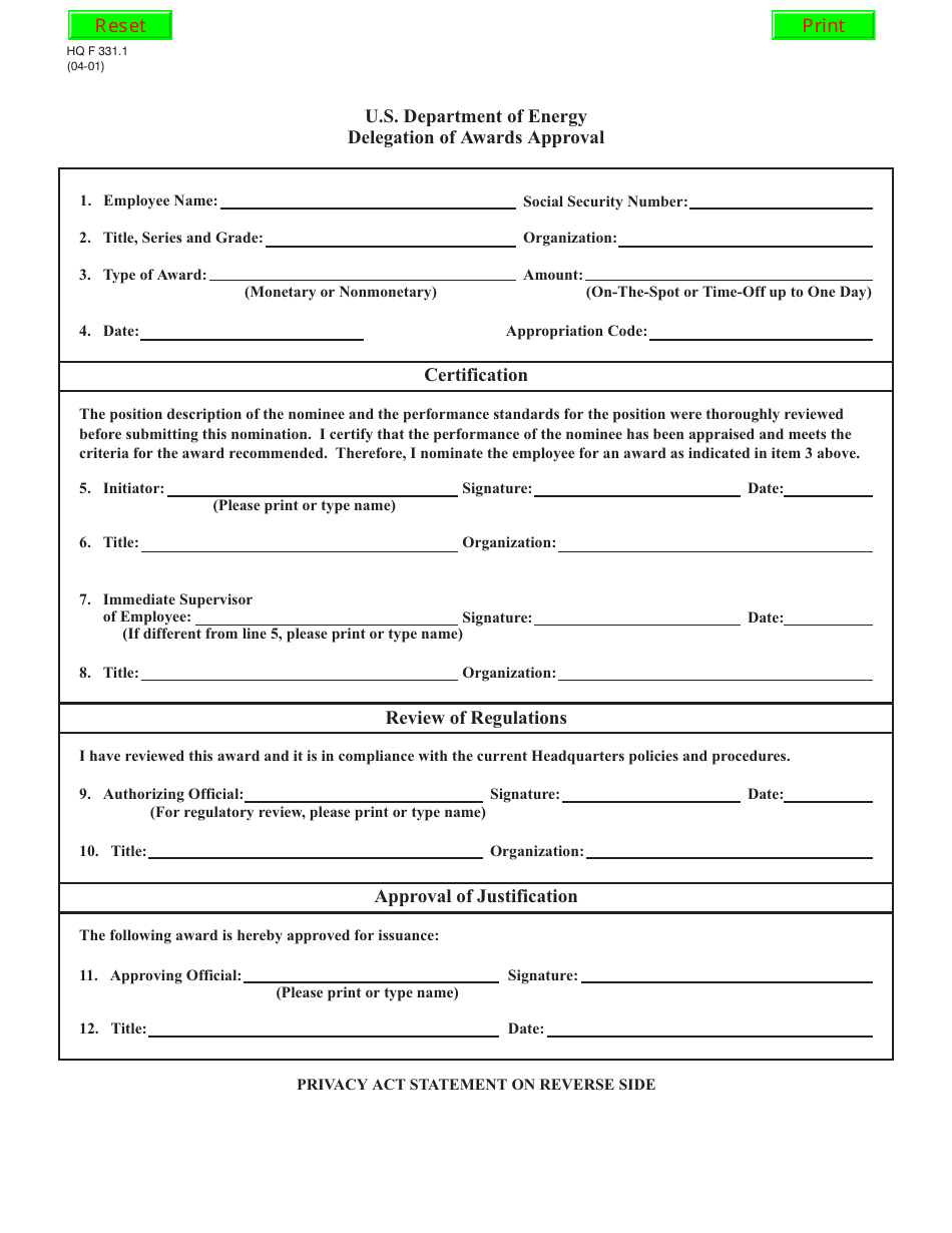 DOE HQ Form 331.1 - Fill Out, Sign Online and Download Fillable PDF ...