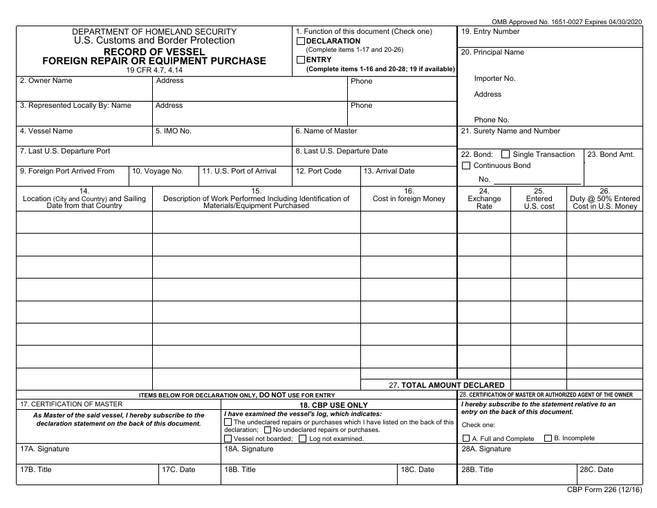 CBP Form 226 - Fill Out, Sign Online and Download Fillable PDF ...