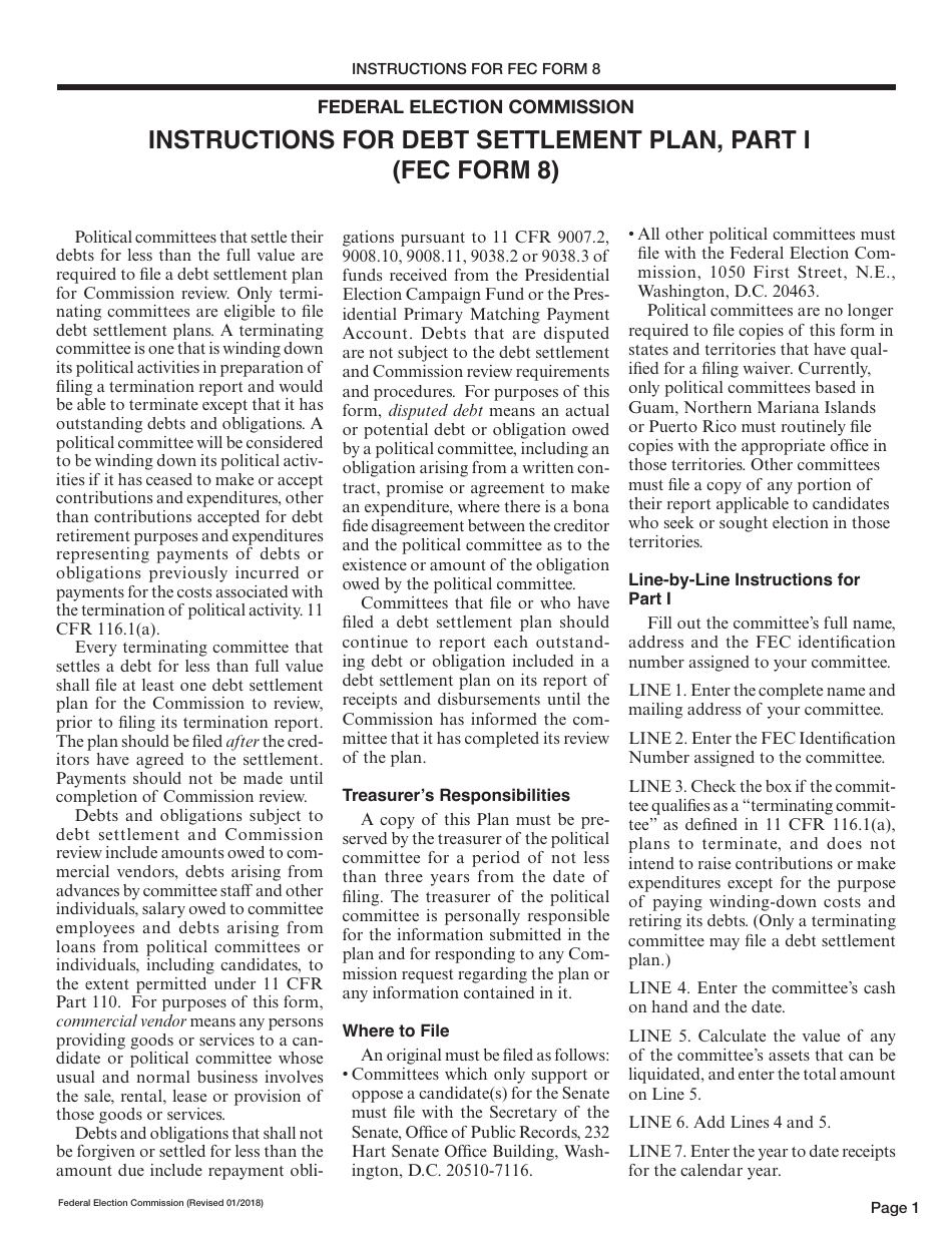 Download Instructions for FEC Form 8 Debt Settlement Plan PDF ...