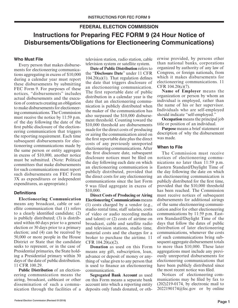 Download Instructions for FEC Form 9 24 Hour Notice of Disbursements ...