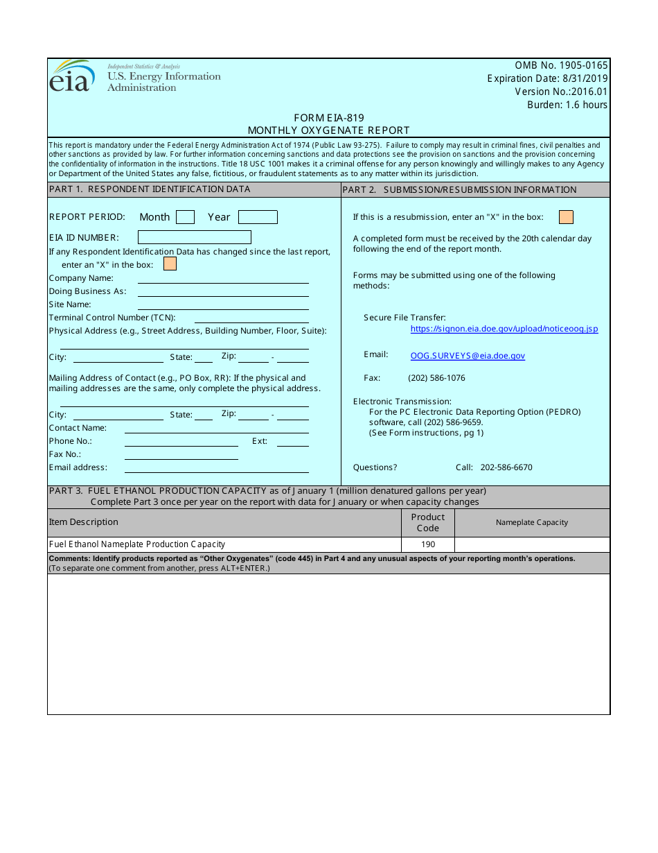 Form EIA-819 - Fill Out, Sign Online and Download Printable PDF ...