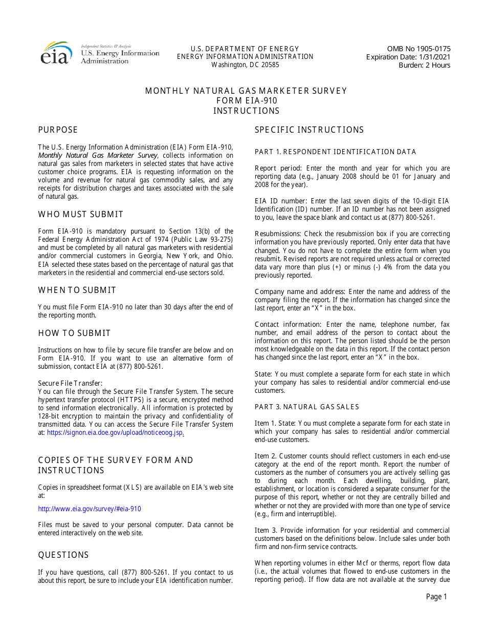 Download Instructions for Form EIA-910 Monthly Natural Gas Marketer ...