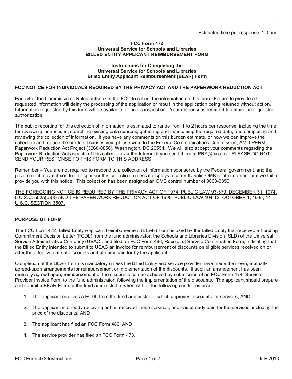 Download Instructions for FCC Form 472 Billed Entity Applicant ...